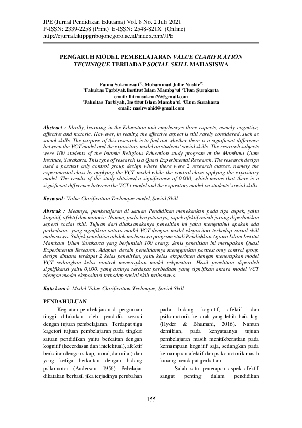 (PDF) Pengaruh Model Pembelajaran Value Clarification Technique terhadap Social Skill Mahasiswa