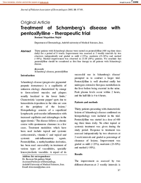 (PDF) Treatment of Schamberg's disease with pentoxifylline--therapeutic ...