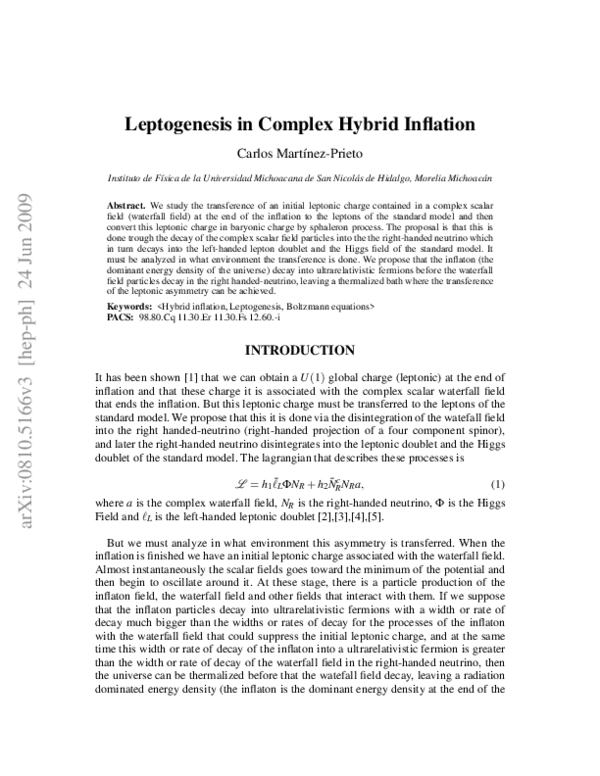 (PDF) Leptogenesis in Complex Hybrid Inflation | Israel Quiros ...