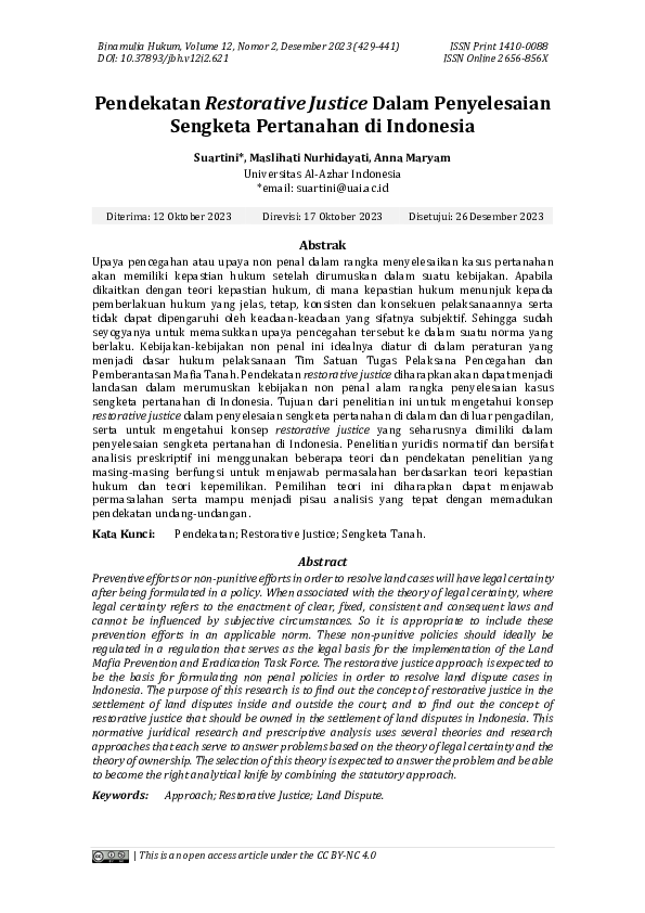 (PDF) Pendekatan Restorative Justice Dalam Penyelesaian Sengketa Pertanahan di Indonesia