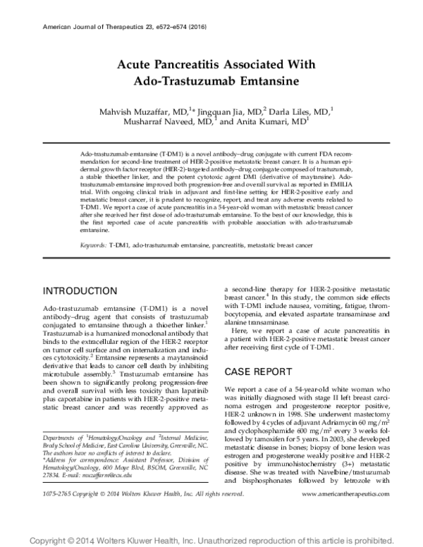 (PDF) Acute Pancreatitis Associated With Ado-Trastuzumab Emtansine