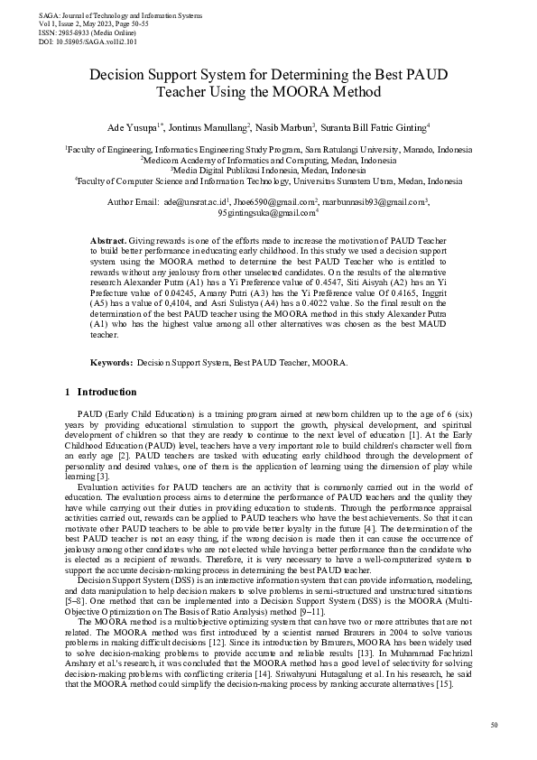 (PDF) Decision Support System for Determining the Best PAUD Teacher Using the MOORA Method