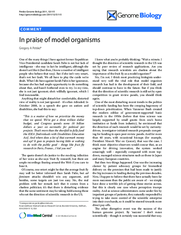 (PDF) In praise of model organisms