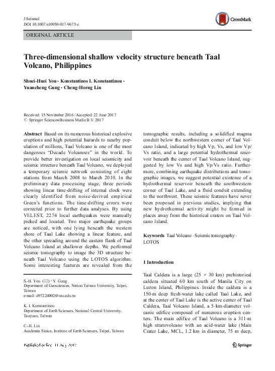 (PDF) Three-dimensional shallow velocity structure beneath Taal Volcano, Philippines