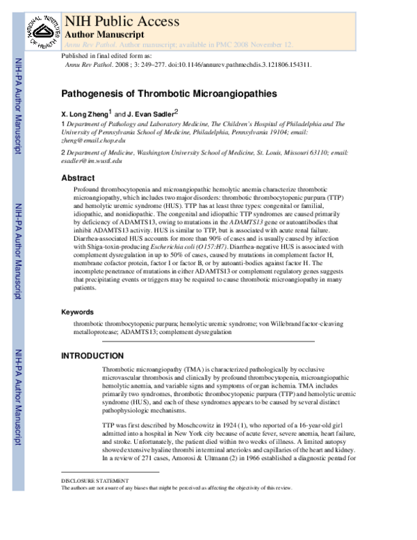 (PDF) Pathogenesis of thrombotic microangiopathies