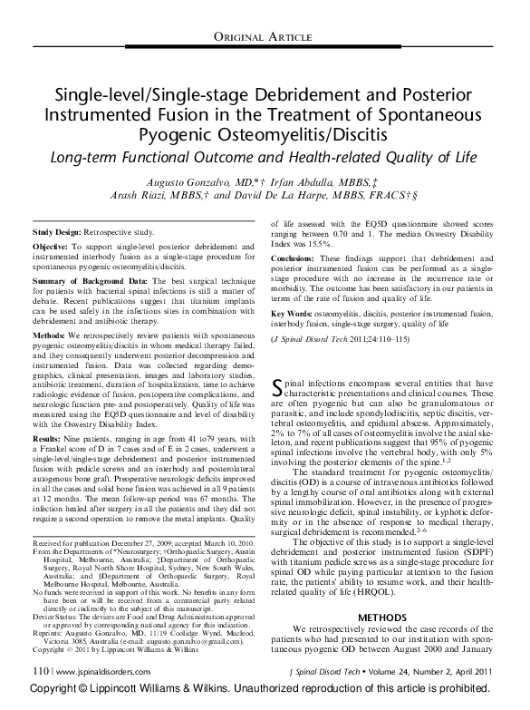 (PDF) Single-level/Single-stage Debridement and Posterior Instrumented ...