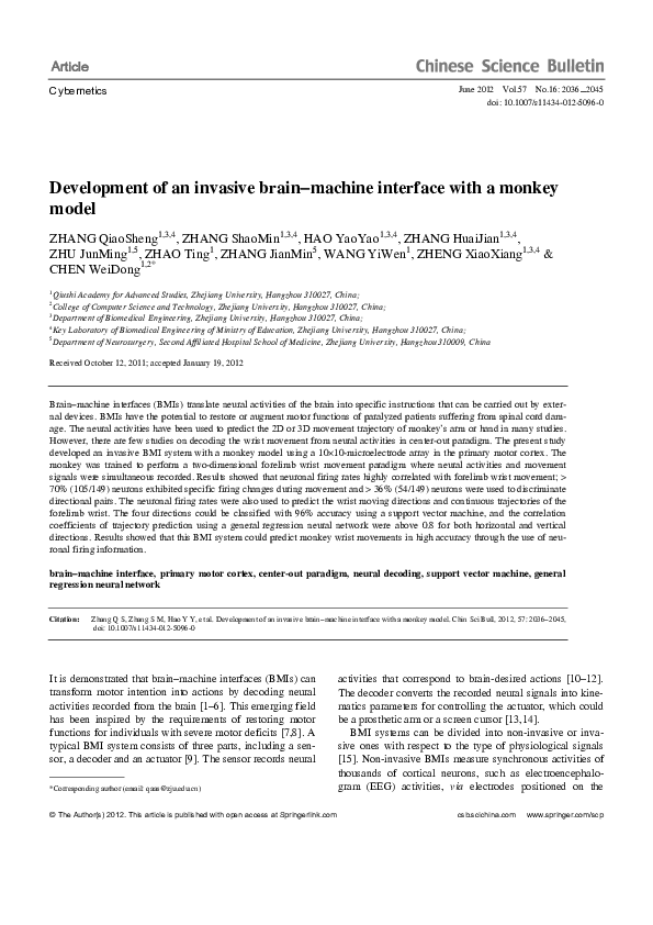 (PDF) Development of an invasive brain-machine interface with a monkey model
