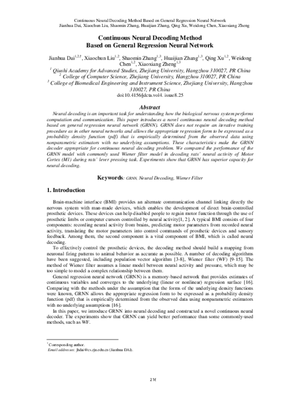 (PDF) Continuous Neural Decoding Method Based on General Regression Neural Network