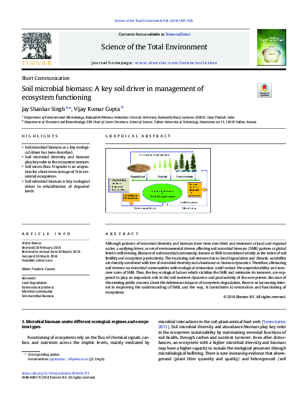 (PDF) Soil microbial biomass: A key soil driver in management of ecosystem functioning