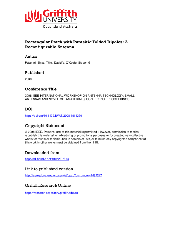 Pdf Rectangular Patch With Parasitic Folded Dipoles A Reconfigurable Antenna David Thiel