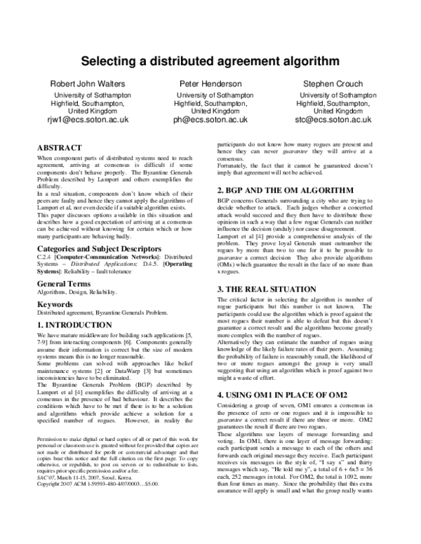 (PDF) Selecting a distributed agreement algorithm