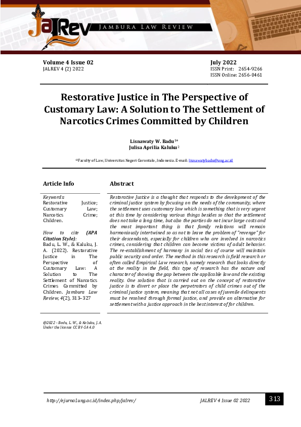 (PDF) Restoratif Justice In the Perspective of Customary Law: A Solution to the Settlement of ...