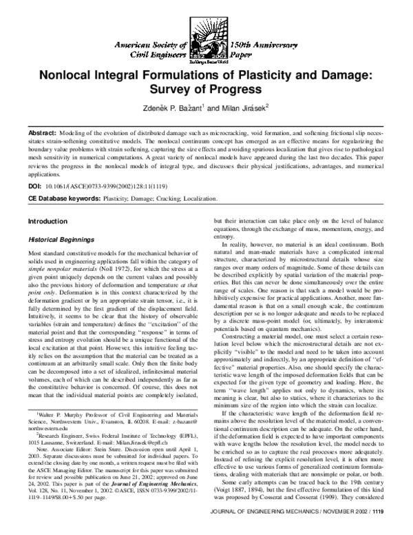 (PDF) Nonlocal Integral Formulations of Plasticity and Damage: Survey of Progress