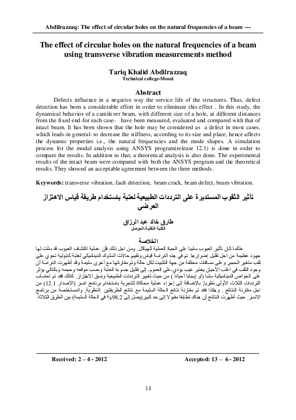 (PDF) The effect of circular holes on the natural frequencies of a beam ...
