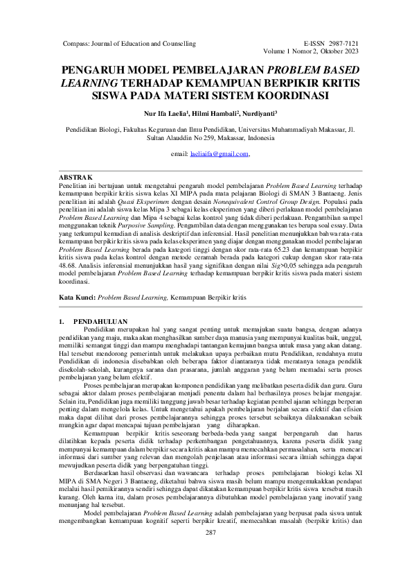 (PDF) Pengaruh Model Pembelajaran Problem Based Learning Terhadap Kemampuan Berpikir Kritis ...