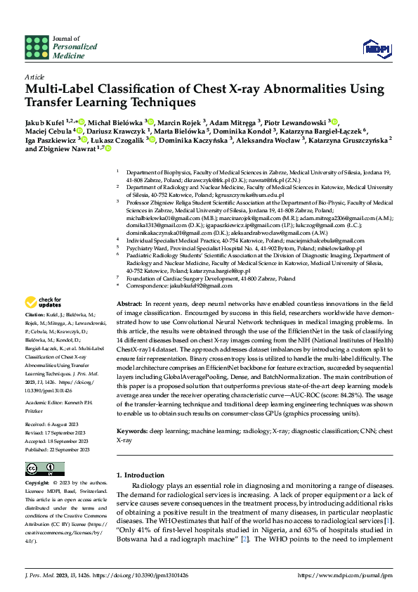 (PDF) Multi-Label Classification of Chest X-ray Abnormalities Using Transfer Learning Techniques
