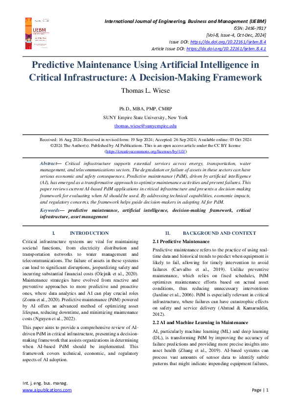 (PDF) Predictive Maintenance Using Artificial Intelligence in Critical Infrastructure: A ...