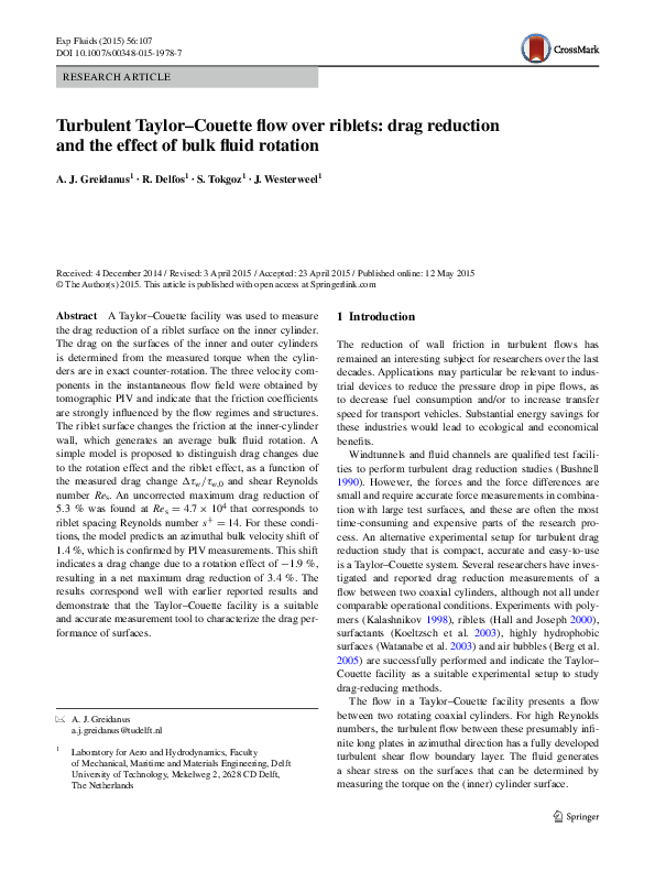 (PDF) Turbulent Taylor–Couette flow over riblets: drag reduction and the effect of bulk fluid ...
