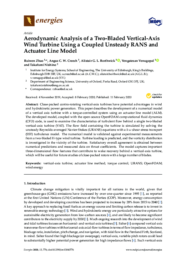 (PDF) Aerodynamic Analysis of a Two-Bladed Vertical-Axis Wind Turbine Using a Coupled Unsteady ...