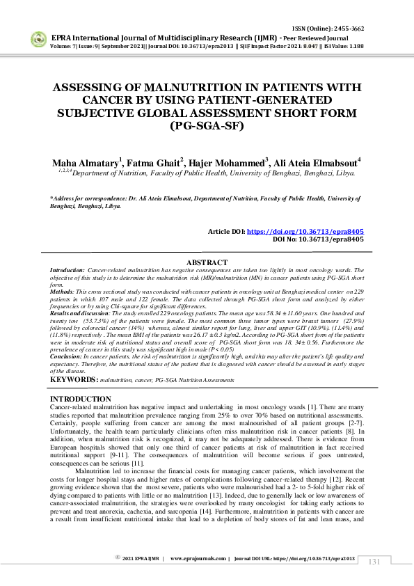 (PDF) Assessing of Malnutrition in Patients with Cancer by Using ...