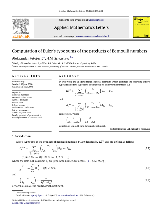 Pdf Computation Of Eulers Type Sums Of The Products Of Bernoulli Numbers
