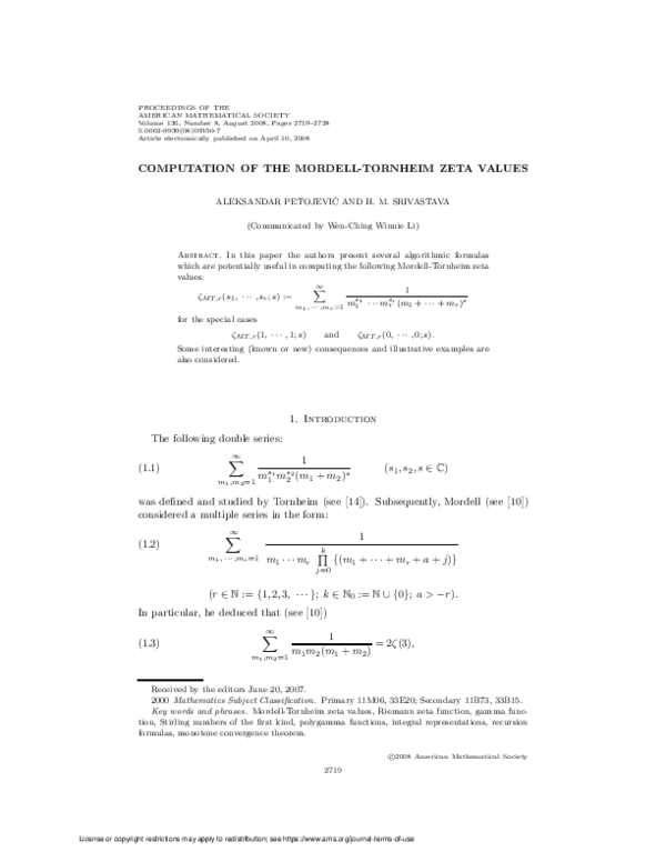 (PDF) Computation of the Mordell-Tornheim zeta values