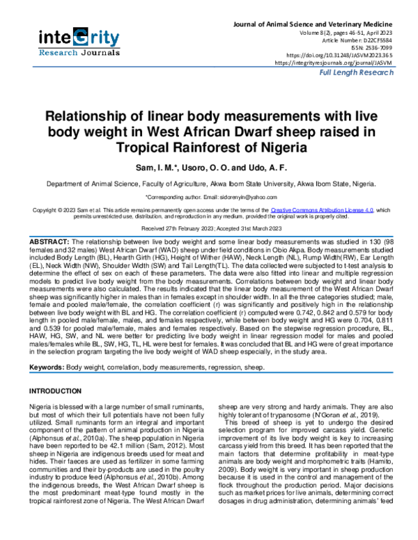 (PDF) Relationship of linear body measurements with live body weight in West African Dwarf sheep ...