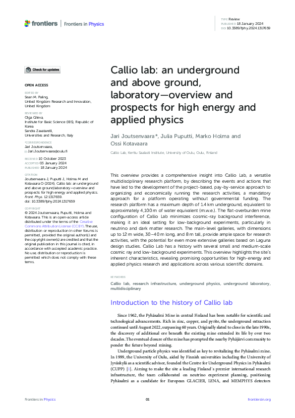 (PDF) Callio lab: an underground and above ground,laboratory—overview and prospects for high ...