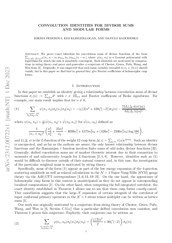 (PDF) Convolution identities for divisor sums and modular forms