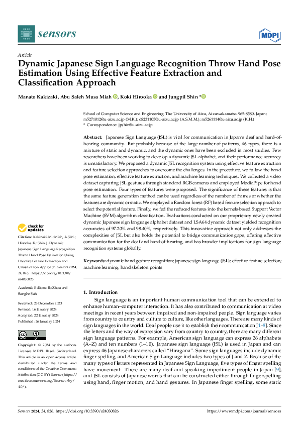 (PDF) Dynamic Japanese Sign Language Recognition Throw Hand Pose Estimation Using Effective ...