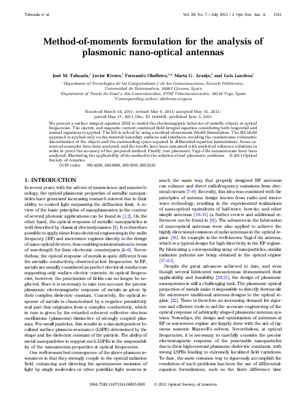 (PDF) Method-of-moments formulation for the analysis of plasmonic nano-optical antennas