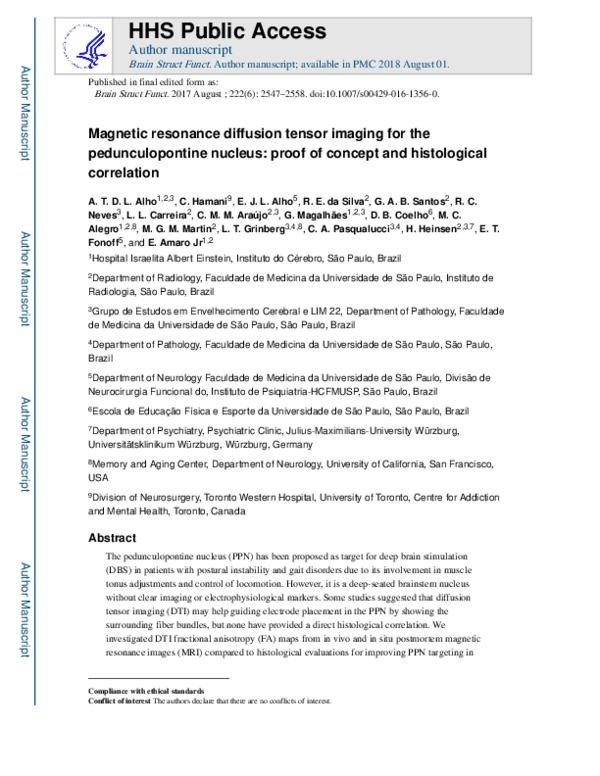 (PDF) Magnetic resonance diffusion tensor imaging for the pedunculopontine nucleus: proof of ...