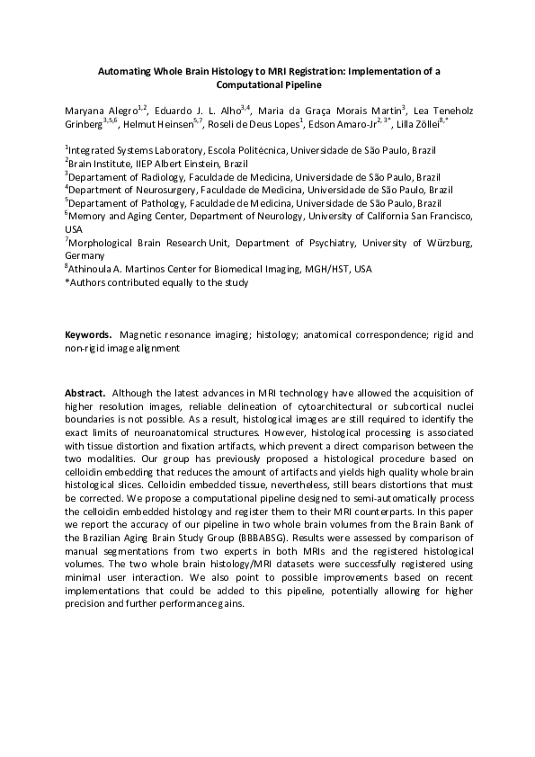 (PDF) Automating Whole Brain Histology to MRI Registration: Implementation of a Computational ...