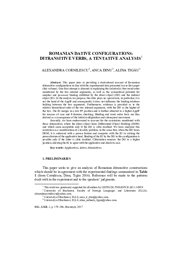 (PDF) Romanian Dative Configurations: Ditransitive Verbs, a Tentative ...