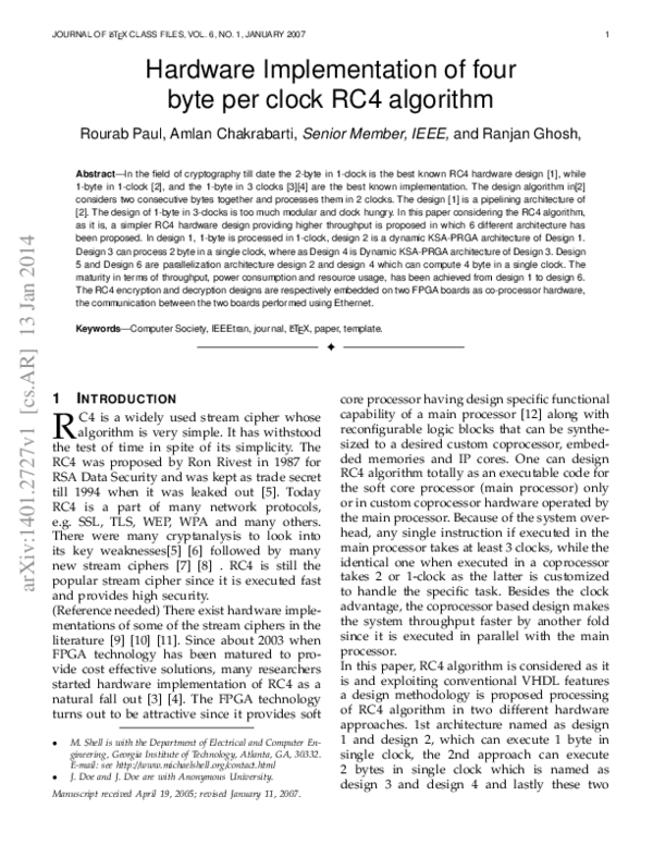 (PDF) Hardware Implementation of four byte per clock RC4 algorithm