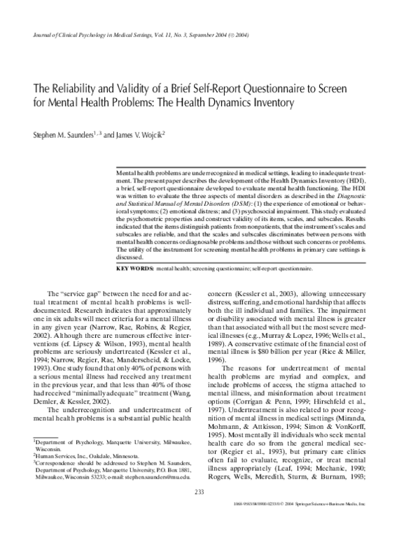 (PDF) The Reliability and Validity of a Brief Self-Report Questionnaire ...