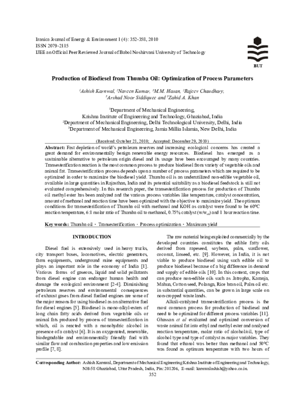 (PDF) Production of Biodiesel from Thumba Oil: Optimization of Process ...