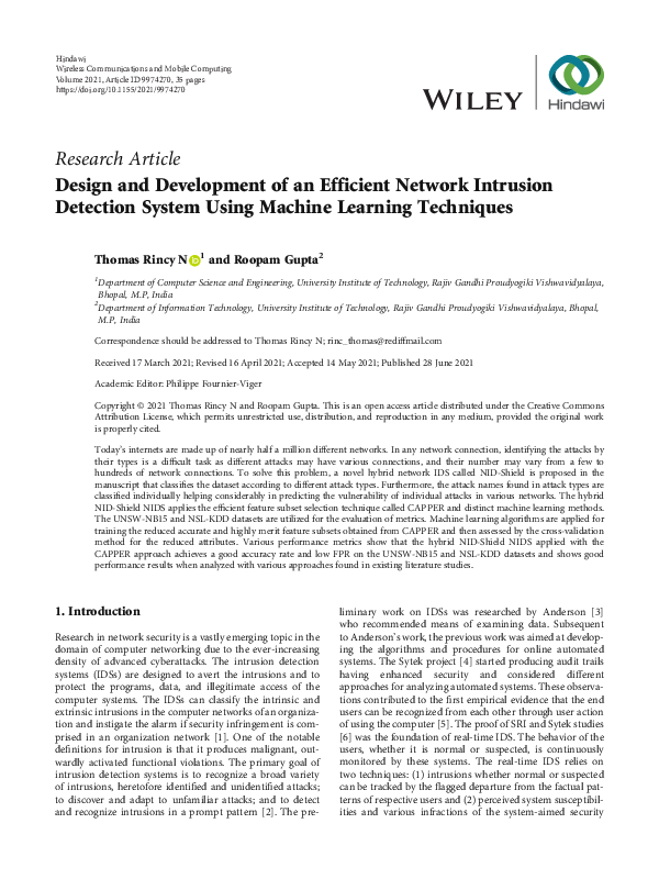 Pdf Design And Development Of An Efficient Network Intrusion Detection System Using Machine