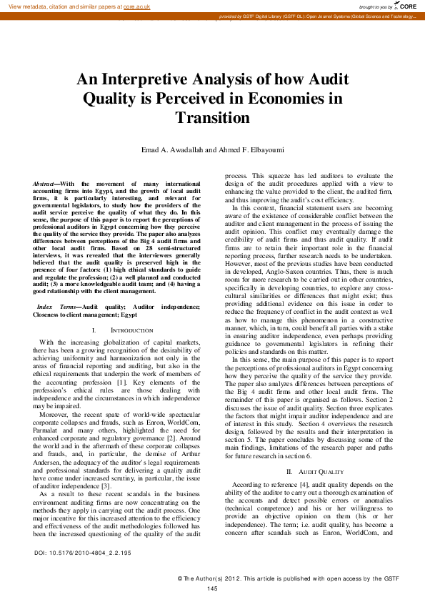 (PDF) An Interpretive Analysis of how Audit Quality is Perceived in ...
