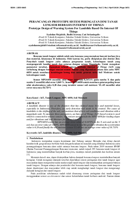 (PDF) Perancangan Prototipe Sistem Peringatan Dini Tanah Longsor Berbasis Internet Of Things
