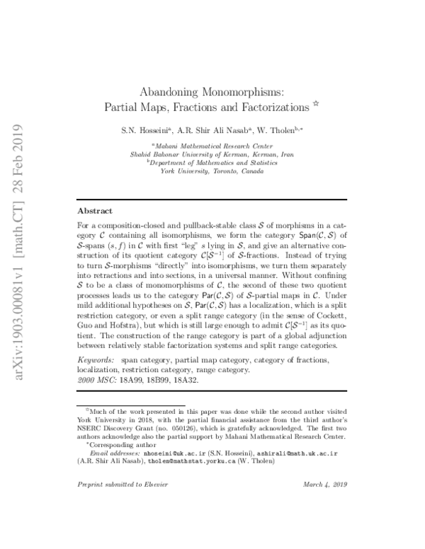 (PDF) Abandoning Monomorphisms: Partial Maps, Fractions and Factorizations | Walter Tholen ...
