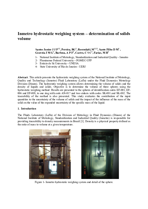 (PDF) Inmetro hydrostatic weighing system – determination of solids volume