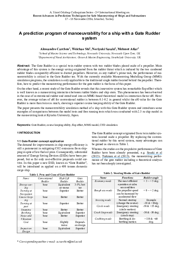 (PDF) A prediction program of manoeuvrability for a ship with a gate ...