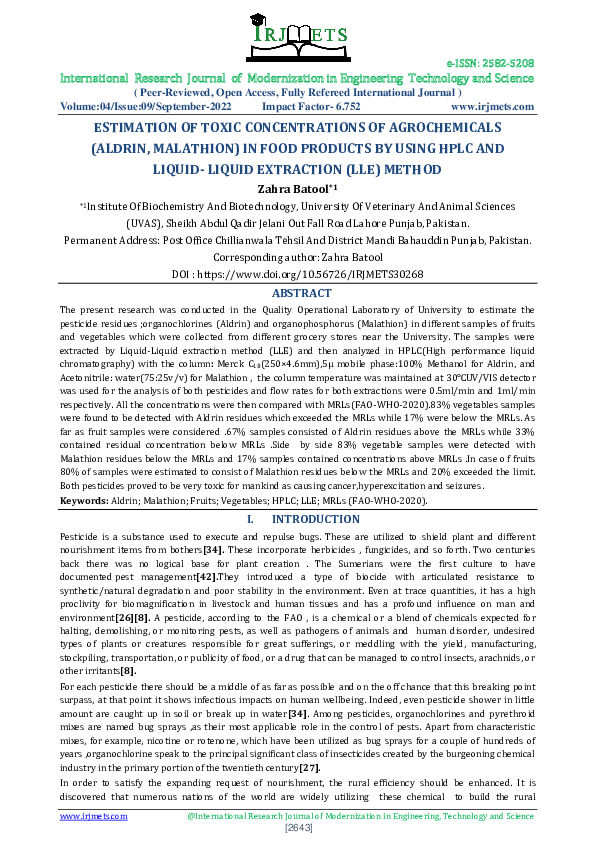 (PDF) Estimation of Toxic Concentrations of Agrochemicals (Aldrin, Malathion) in Food Products ...