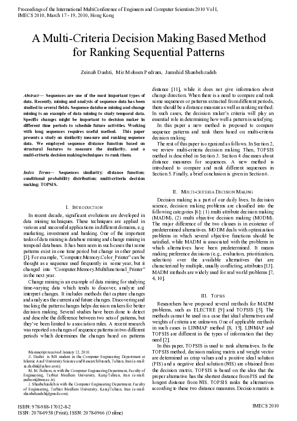 (PDF) Ranking Sequential Patterns Using Multi-Criteria Decision Making