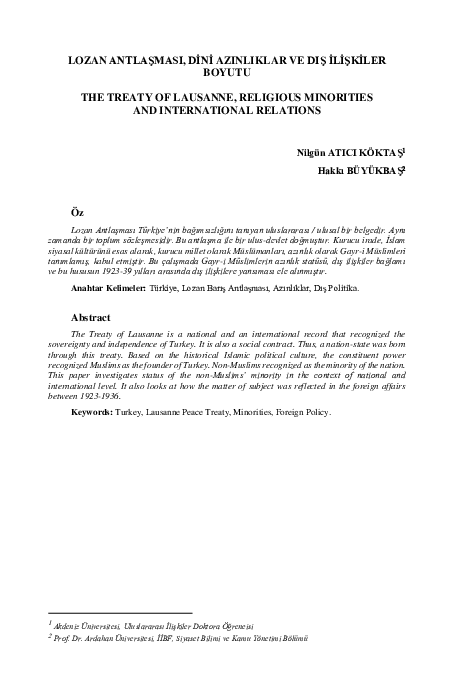(PDF) Lozan Antlaşması, Dini Azınlıklar ve Dış İlişkiler Boyutu