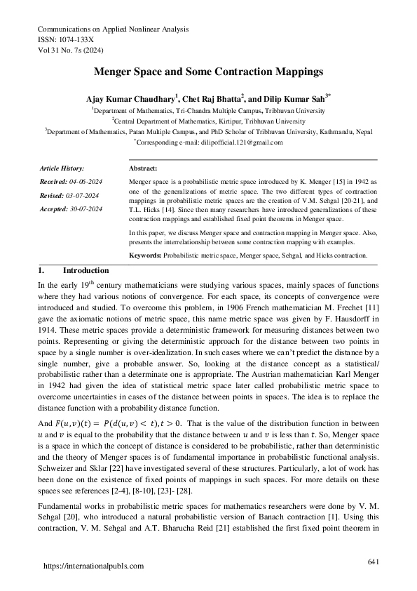 (PDF) Menger Space and Some Contraction Mappings