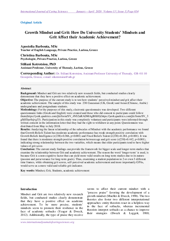 (PDF) Growth Mindset and Grit: How Do University Students’ Mindsets and ...