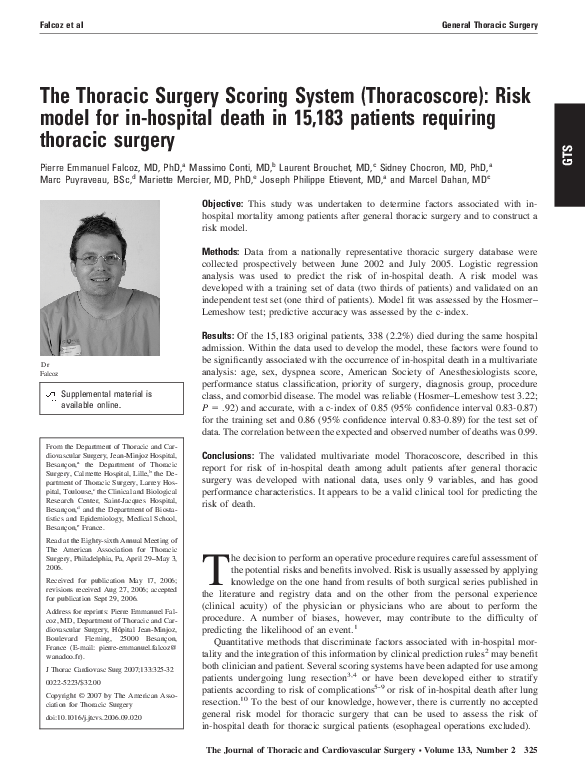 (PDF) The Thoracic Surgery Scoring System (Thoracoscore): Risk model ...