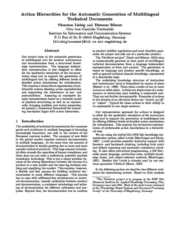 (PDF) Action Hierarchies for the Automatic Generation of Multilingual Technical Documents